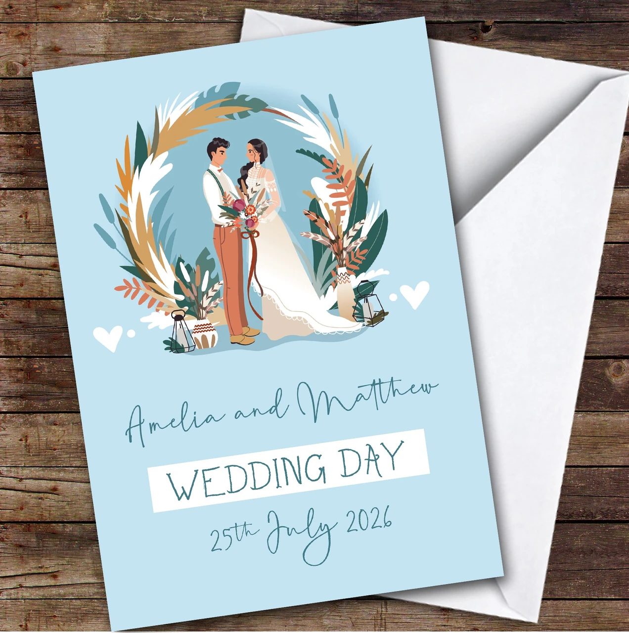 Wedding Day Couple Modern Blue Hearts Personalized Greetings Card - Red ...