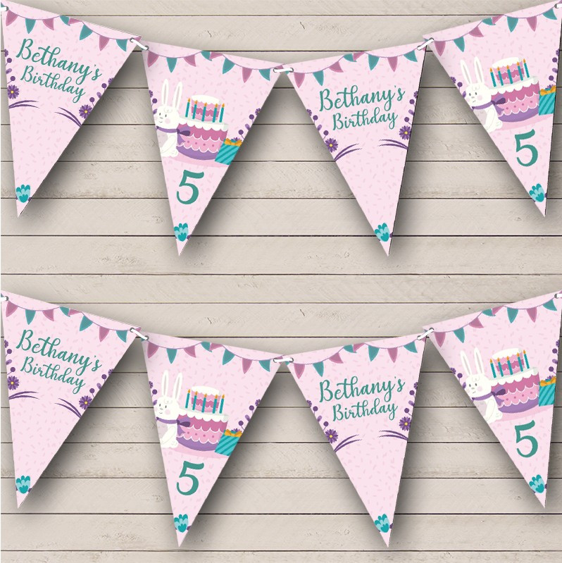 Pink Purple Green Birthday Cake Rabbit Party Personalized Party Banner ...