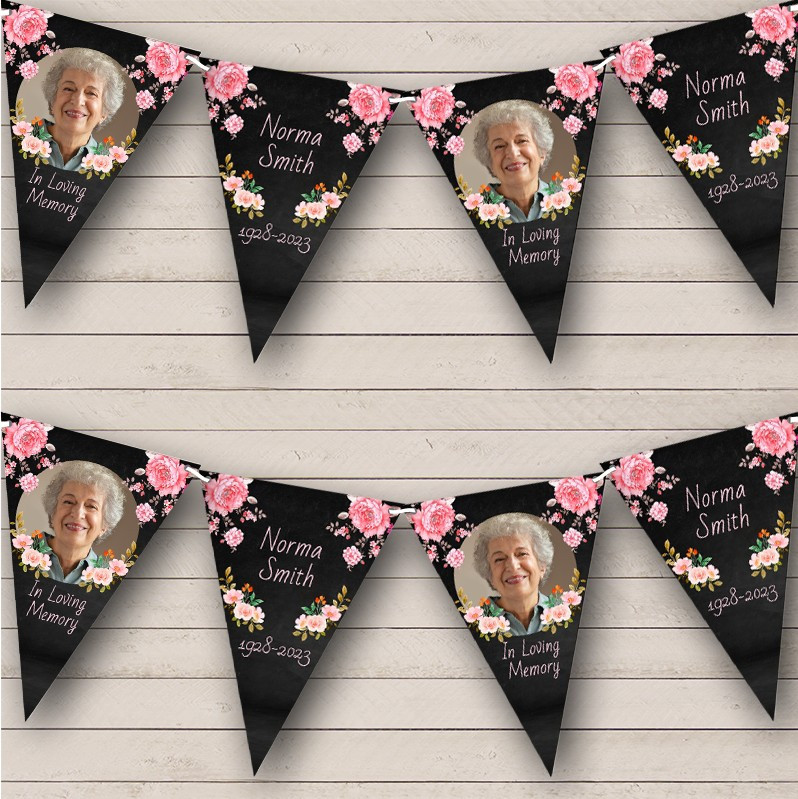 Black Pink Floral Memorial Funeral Loss Dates Photo Personalized Banner ...