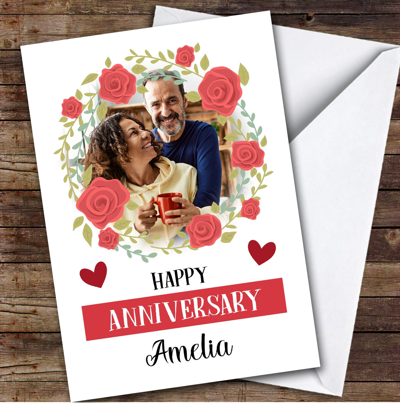 Personalized Red Rose Photo Happy Anniversary Card - Red Heart Print
