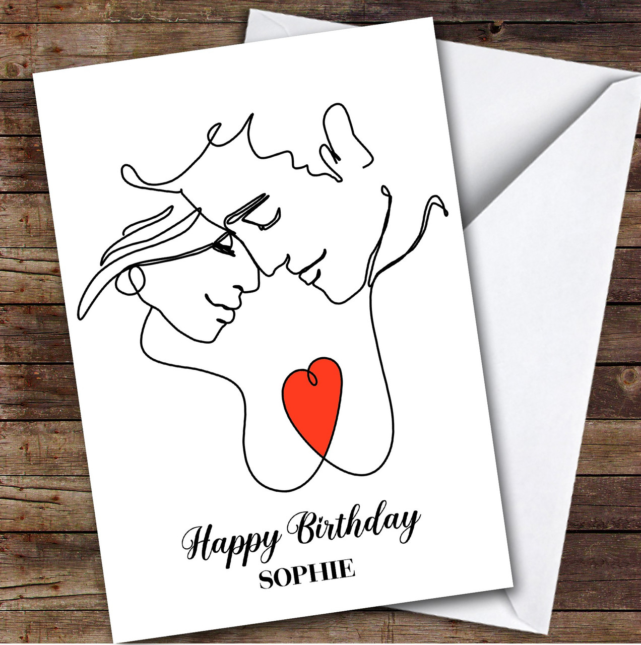 Personalized Romantic Line Art Couple Heart Happy Birthday Card - Red ...