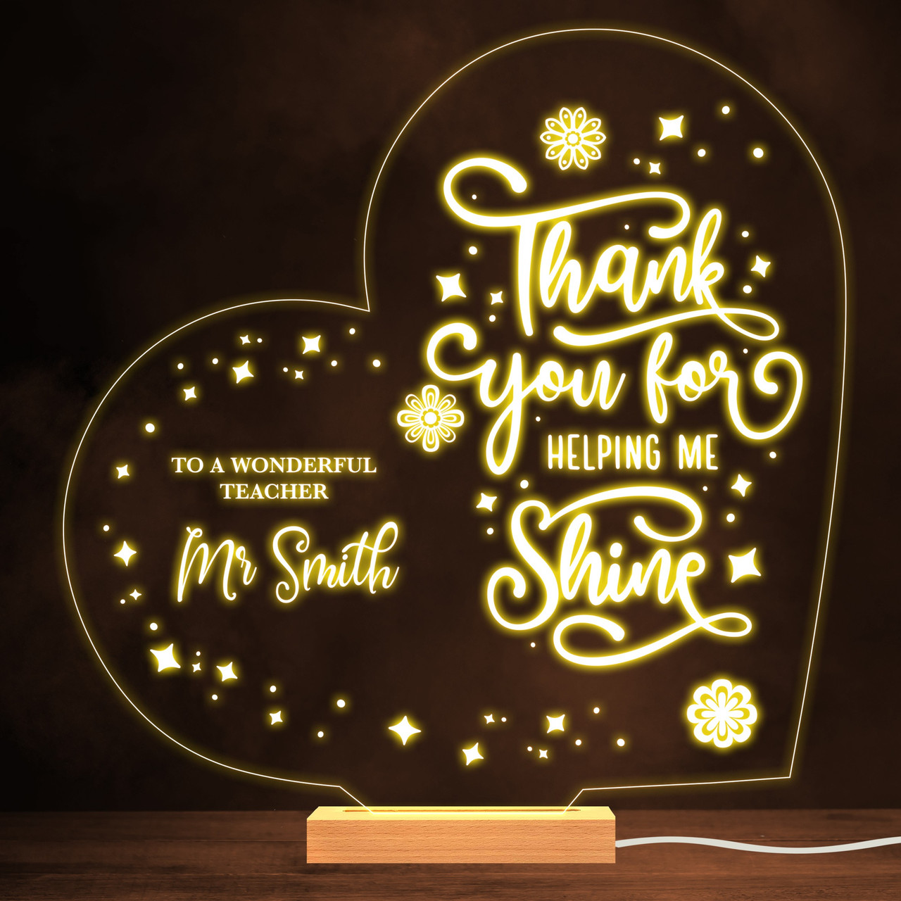 Thank You Wonderful Teacher Stars Heart School Leavers White Lamp Night Light - Red Heart Print