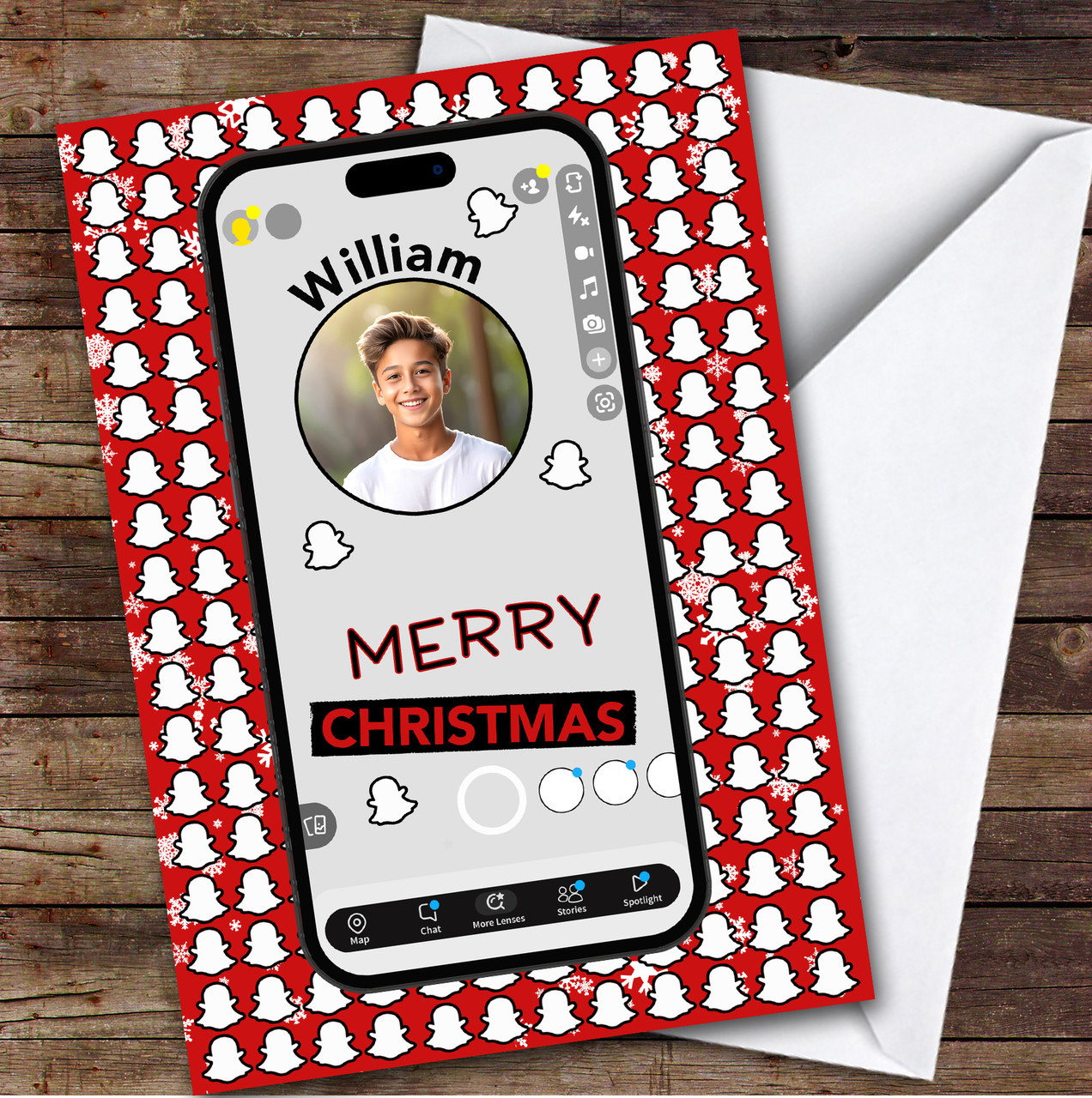 Snapchat Phone Custom Kids Personalized Christmas Holiday Card - Red ...