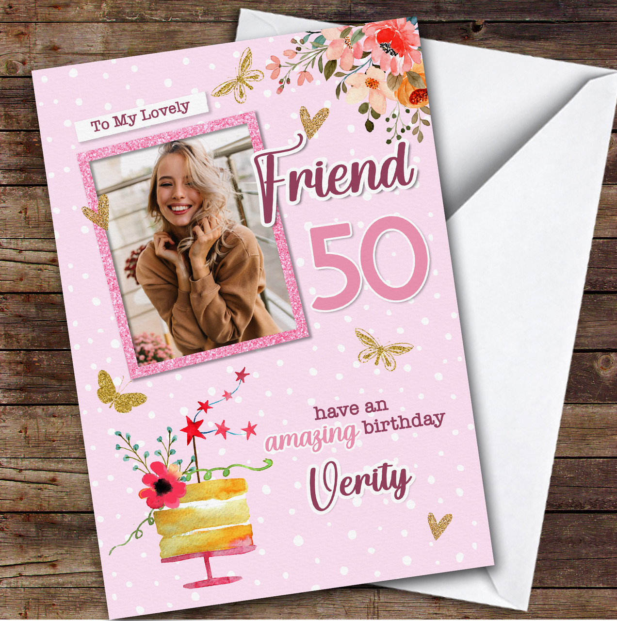 Personalized Female Friend 50th Birthday Card Photo - Red Heart Print