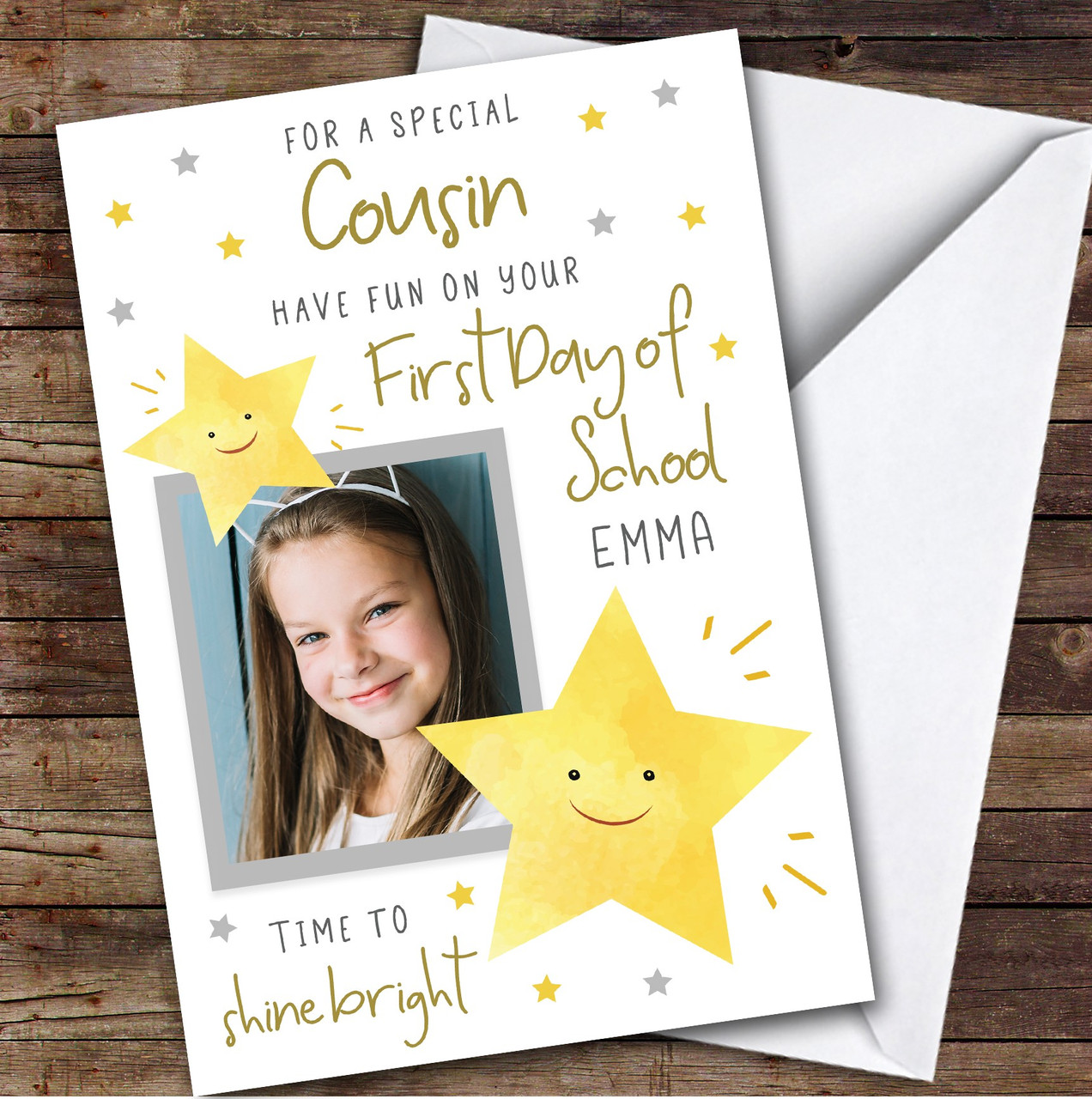 Personalized First Day At School Card For Cousin Photo Stars - Red ...