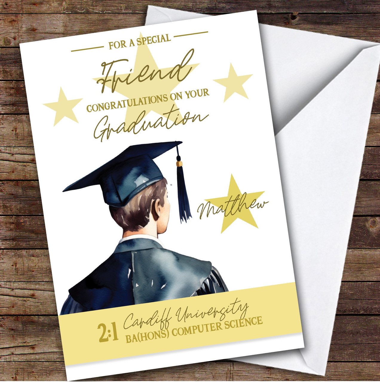 Personalized Graduation Card For Friend Brown Hair Boy - Red Heart Print