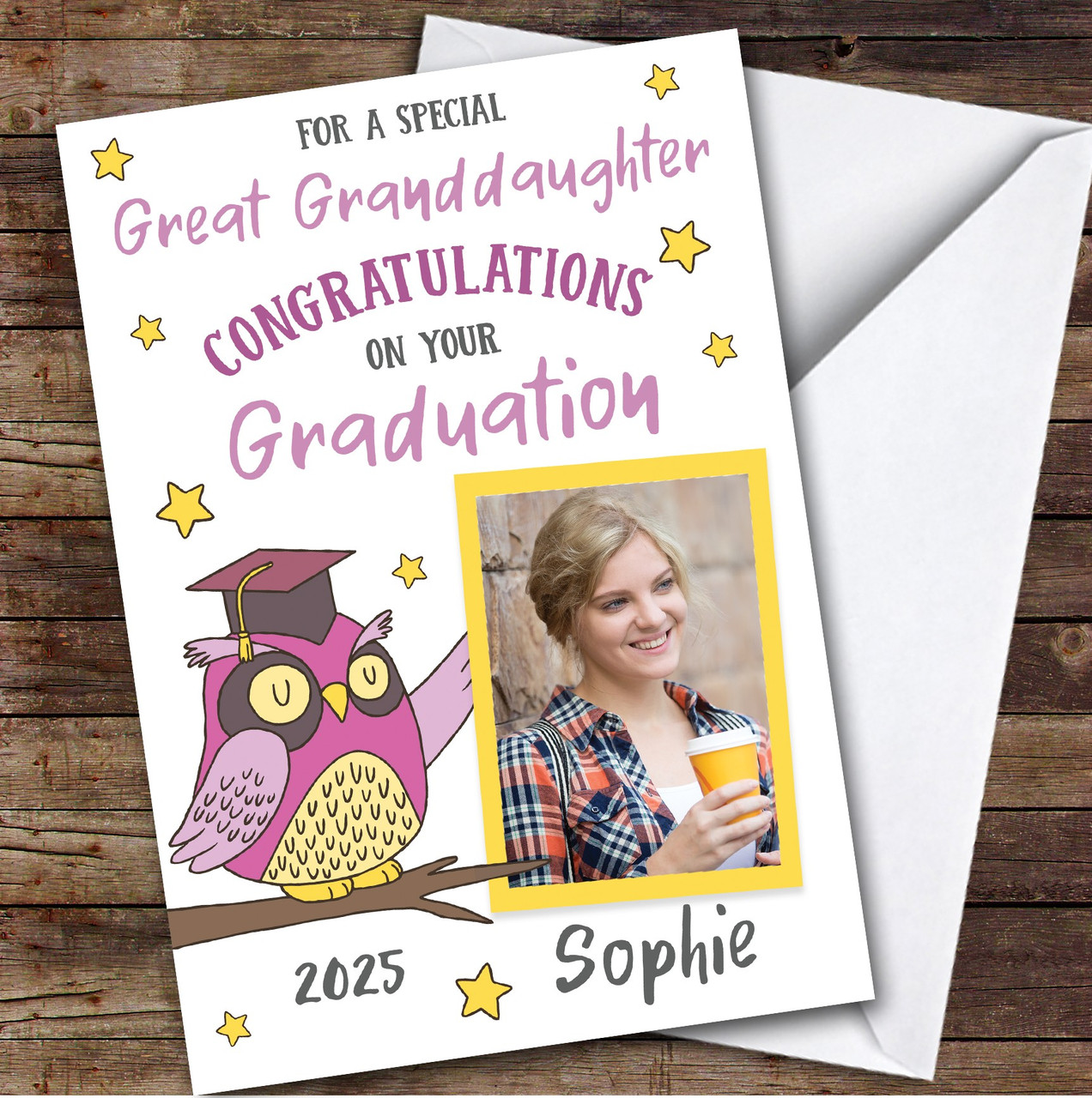 Personalized Graduation Card For Great Granddaughter Photo Pink Owl ...