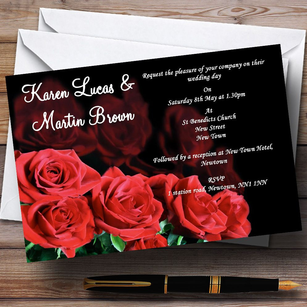 Black And Red Roses Personalized Wedding Invitations - Red Heart Print