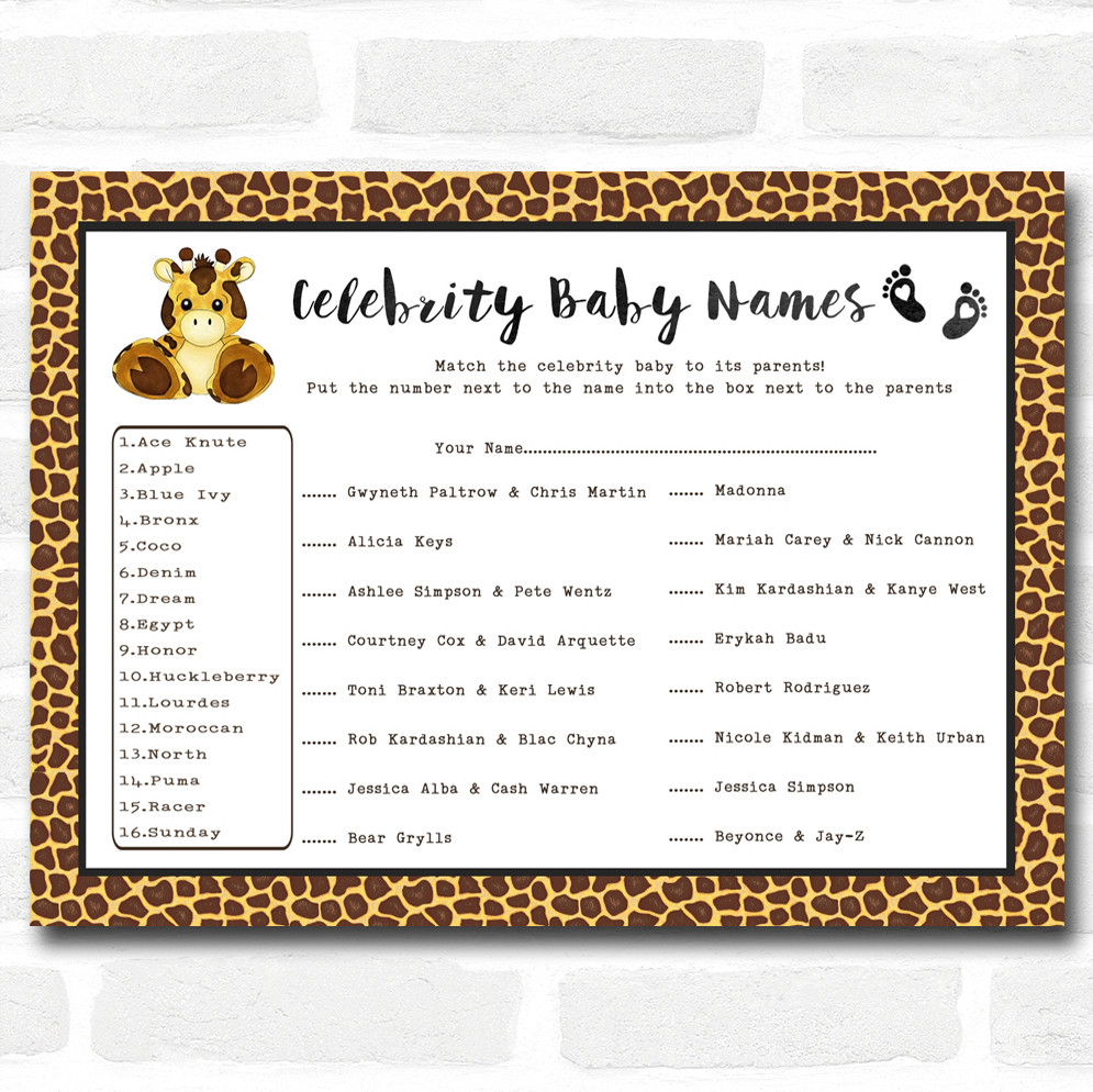 Giraffe Animal Print Baby Shower Games Celebrity Baby Name Cards - Red ...