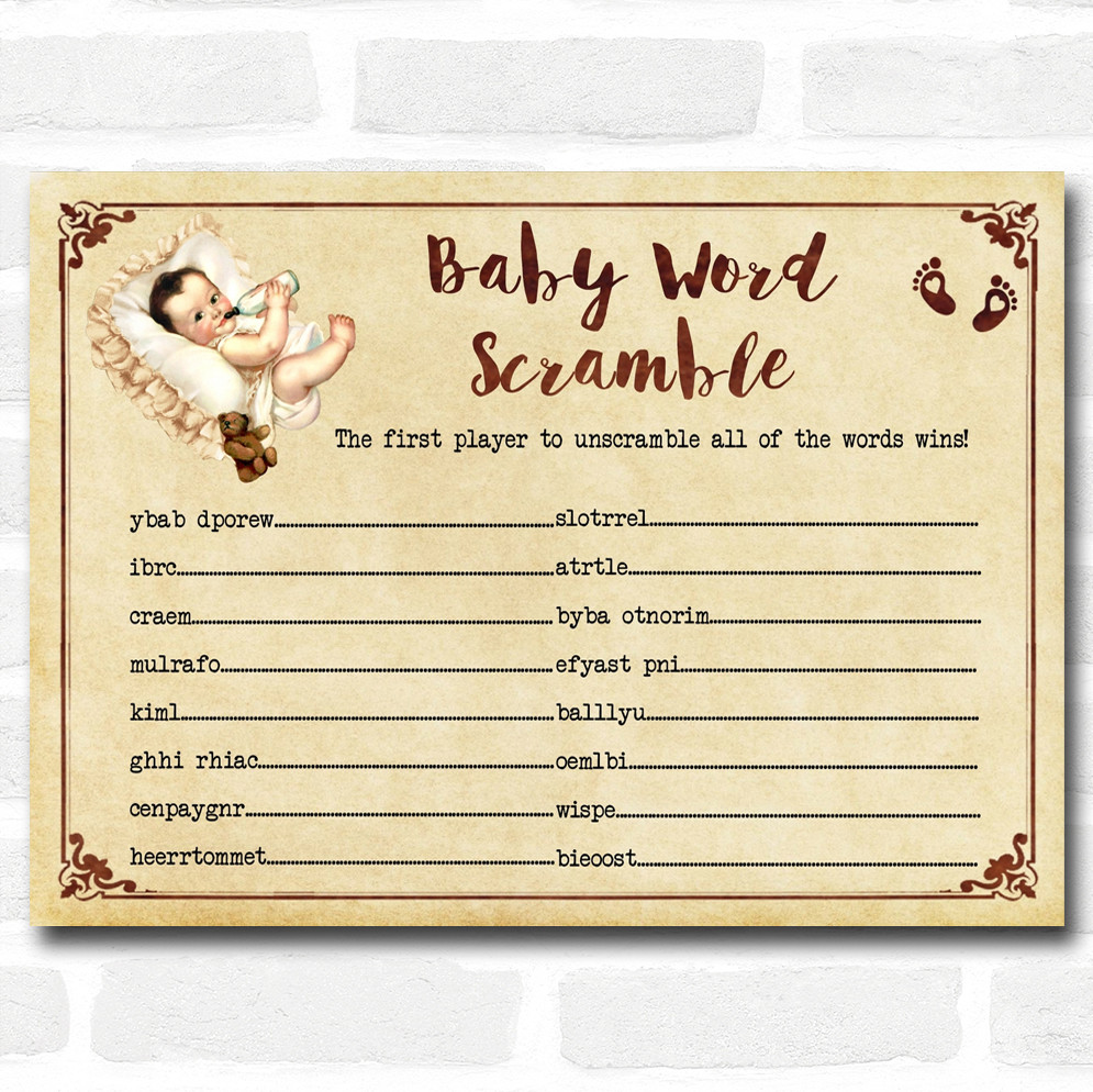 Vintage Baby Shower Games Word Scramble Cards - Red Heart Print
