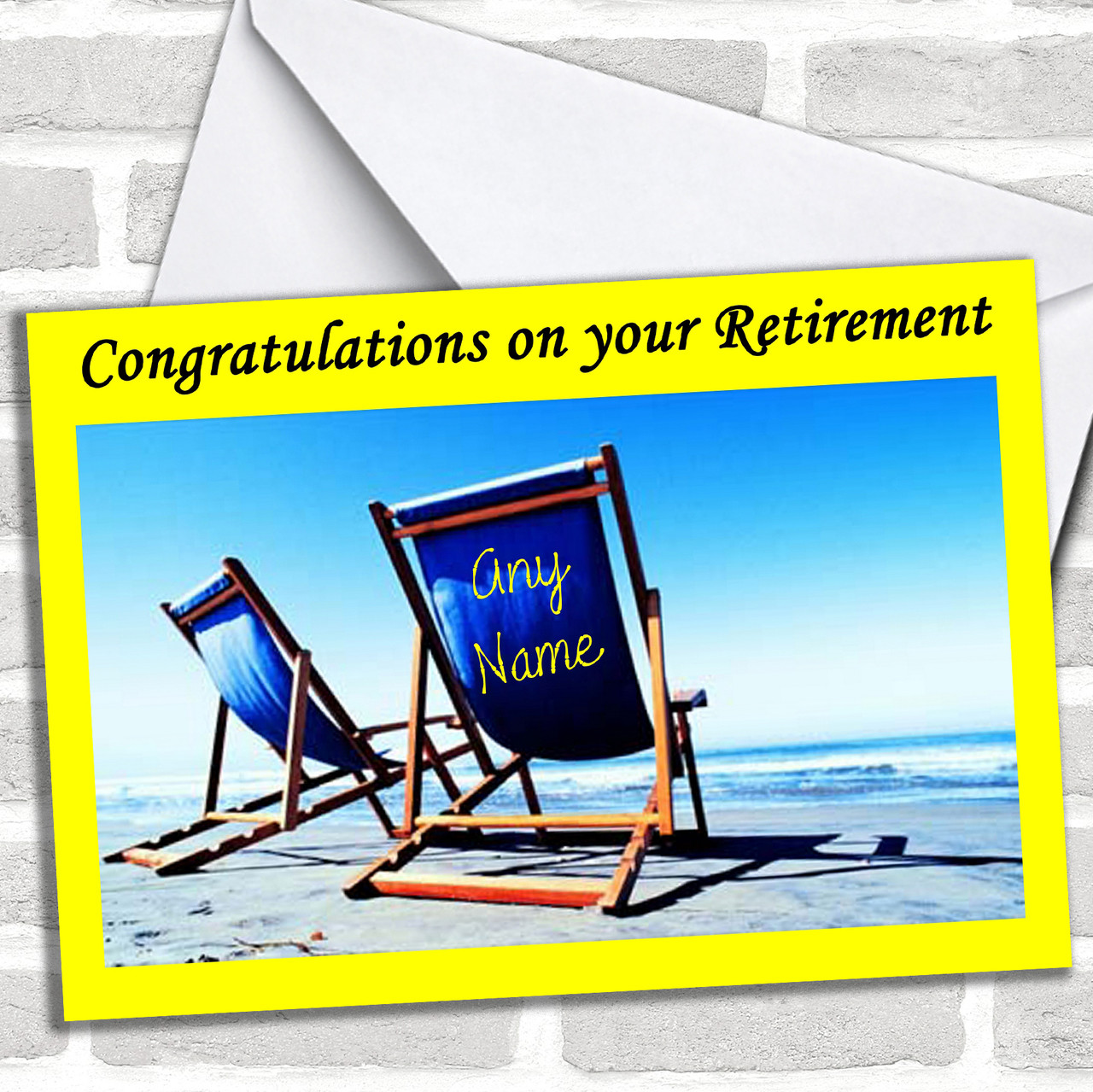 Deck Chairs Personalized Retirement Card - Red Heart Print