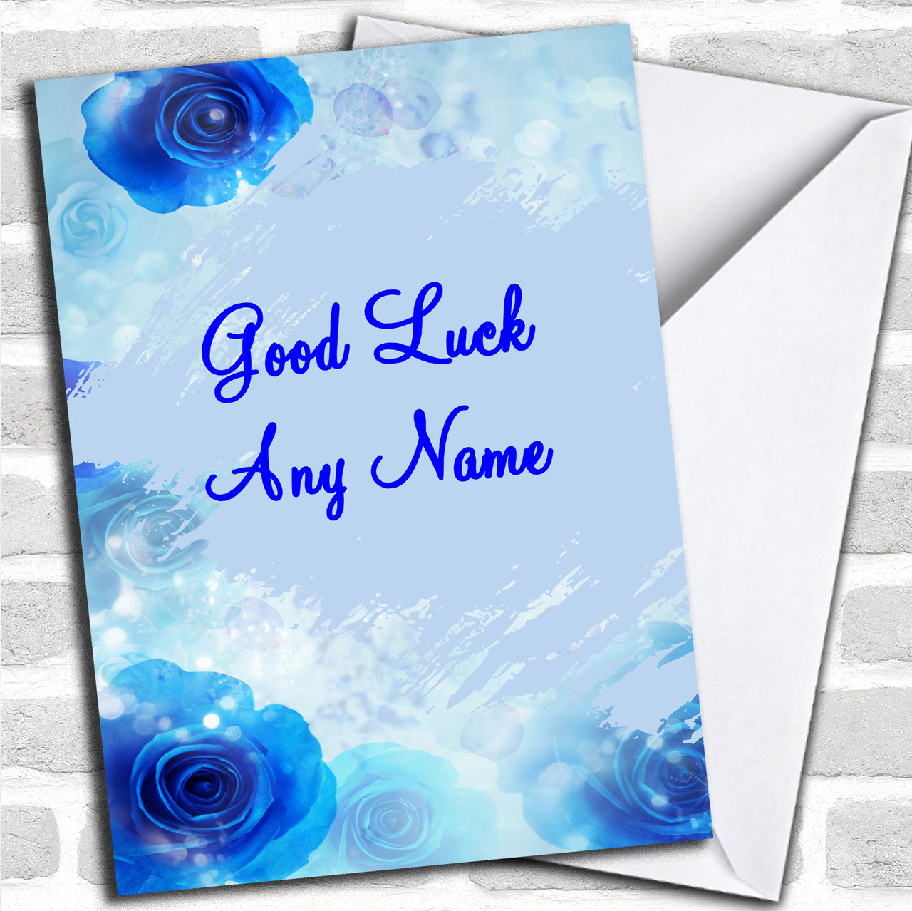 Blue Flowers Personalized Good Luck Card - Red Heart Print