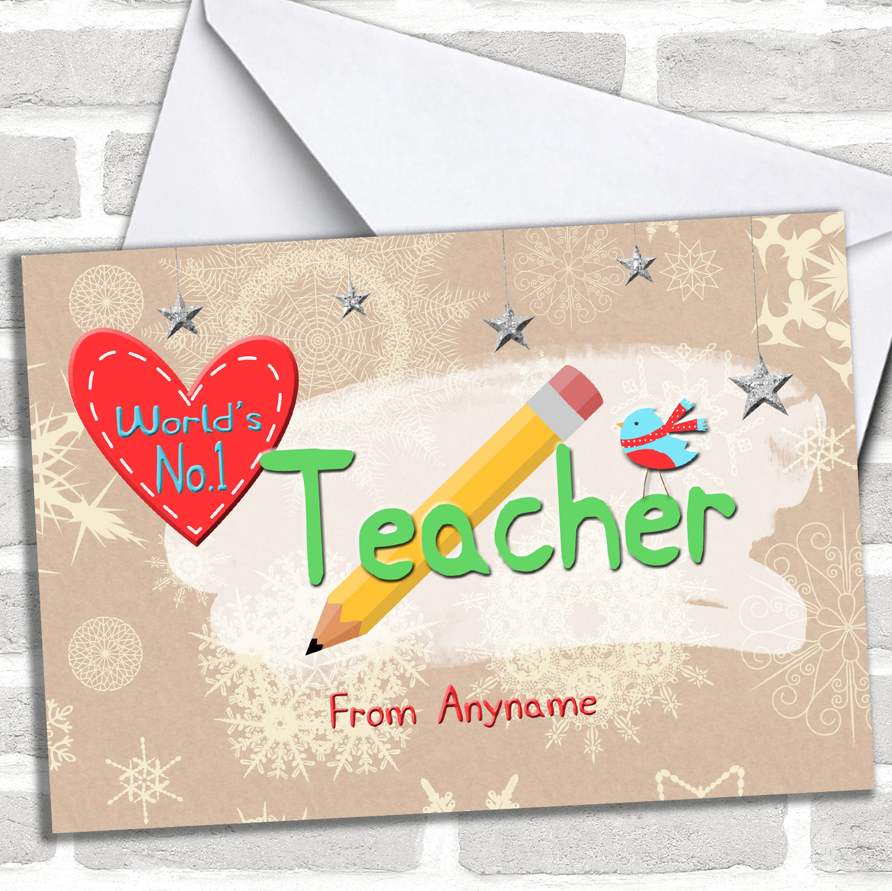 Worlds Number 1 Teacher Personalized Christmas Card - Red Heart Print