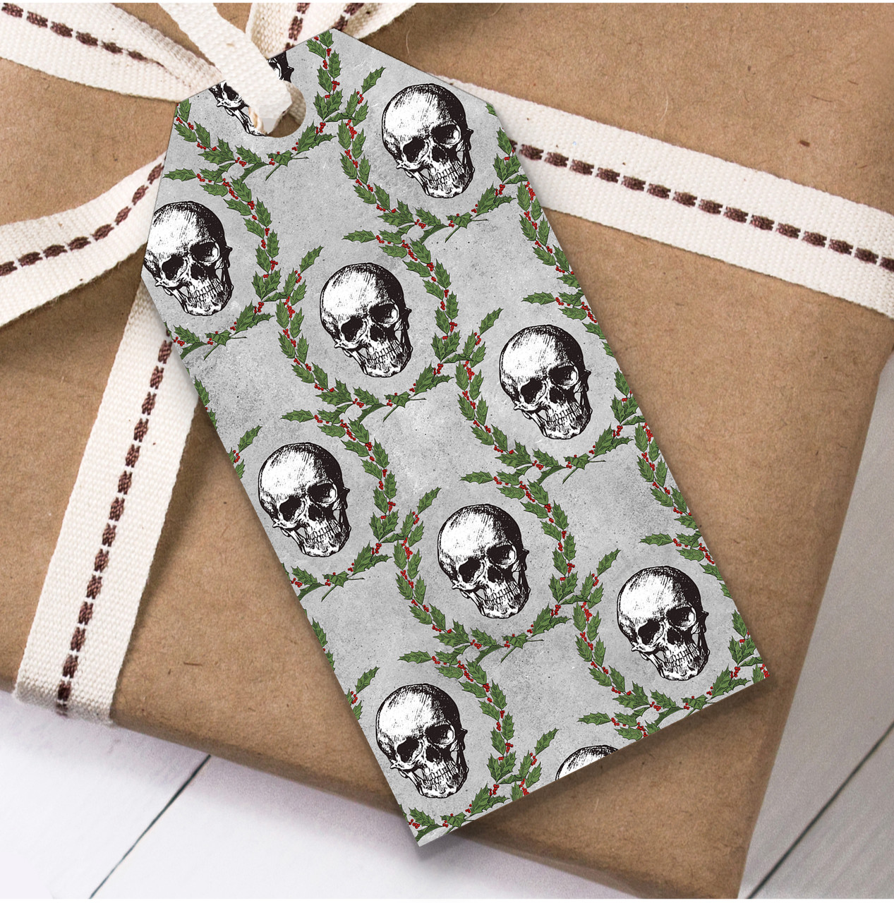 Gothic Skulls Grey Christmas Gift Tags - Red Heart Print