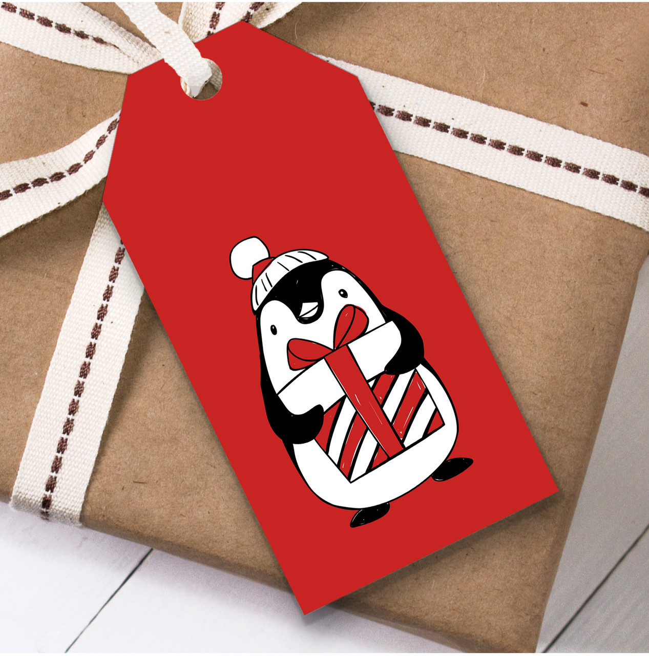 Red Penguin Christmas Gift Tags - Red Heart Print