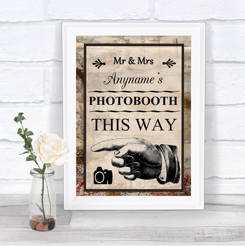 Vintage Photobooth This Way Left Personalized Wedding Sign - Red Heart ...