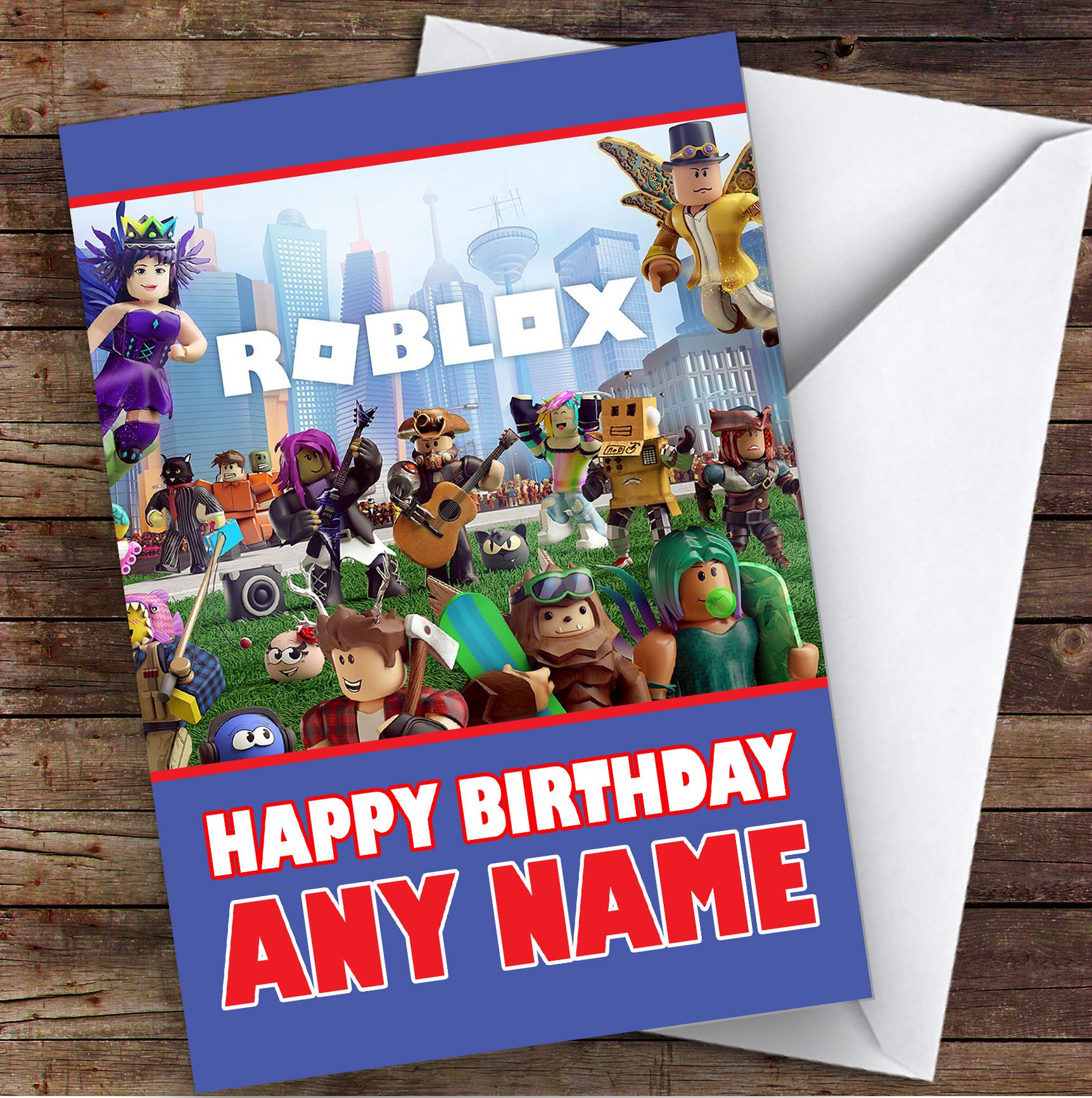 Blue Roblox Personalized Birthday Card - Red Heart Print