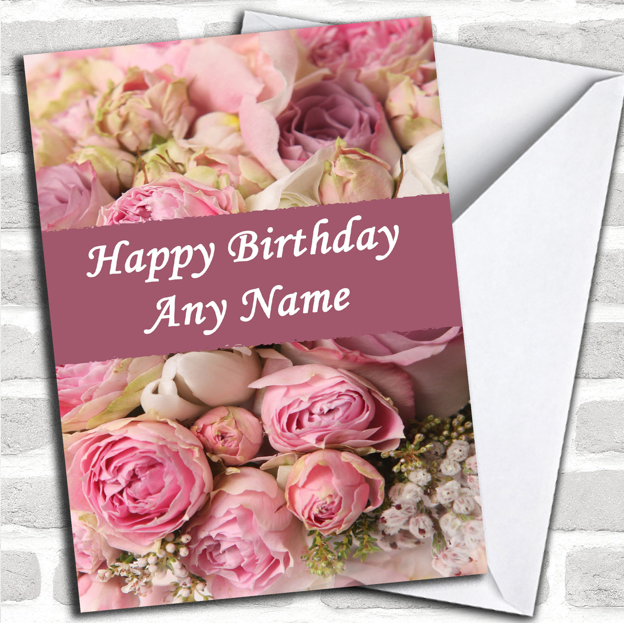 Pink Roses Personalized Birthday Card - Red Heart Print
