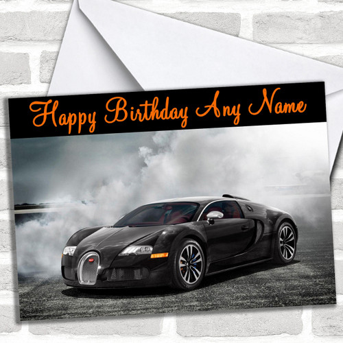 Black Bugatti Veyron Personalized Birthday Card - Red Heart Print