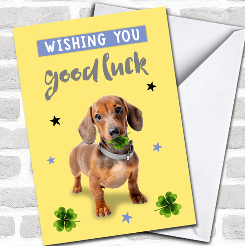 Wishing You Good Luck Sausage Dog Four Leaf Clover Yellow Personalized ...