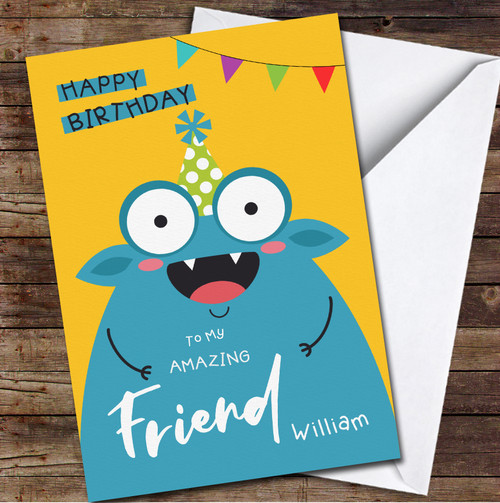 Friend Happy Monster Any Text Personalized Birthday Card - Red Heart Print