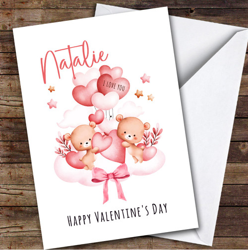 Personalized Watercolor Cute Teddy Bears Valentine Card - Red Heart Print