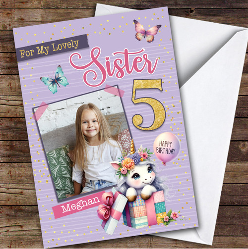 5th Sister Purple Unicorn Photo Custom Personalized Birthday Card - Red ...