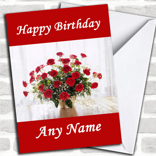 Red Roses Display Personalized Birthday Card - Red Heart Print