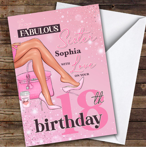 Personalized Sister 18th Birthday Card Legs Pink Heels - Red Heart Print