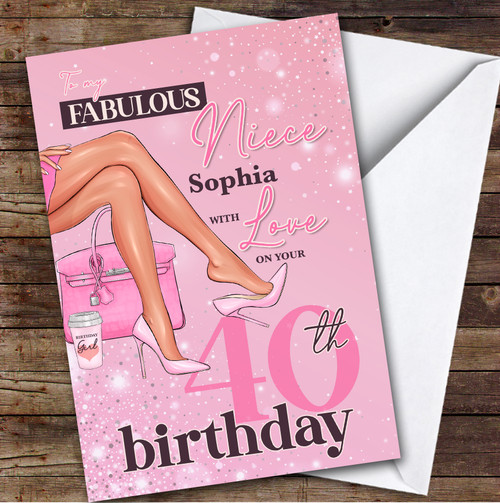 Personalized Niece 40th Birthday Card Legs Pink Heels - Red Heart Print