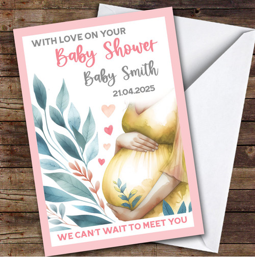 Personalized Baby Shower Card For Anyone Yellow Baby Bump - Red Heart Print
