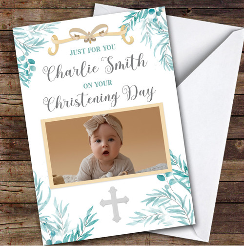Personalized Christening Day Card For Anyone Photo Foliage Blue - Red ...