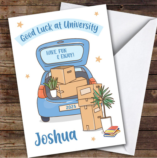 Personalized Off To University Card For Anyone Blue Car Moving Boxes ...