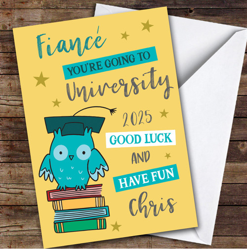 Personalized Off To University Card For Fiance Blue Owl - Red Heart Print