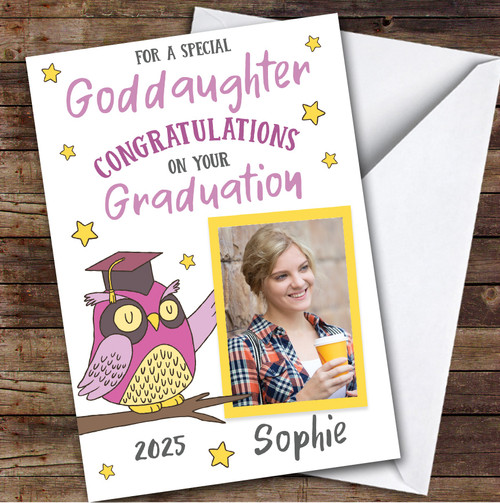 Personalized Graduation Card For Goddaughter Photo Pink Owl - Red Heart ...