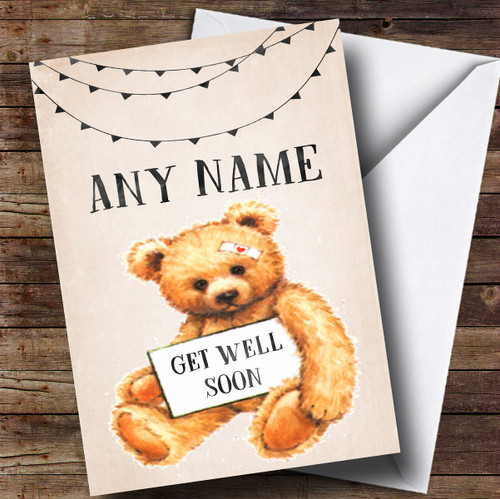 Personalized Watercolour Poorly Bear Get Well Soon Card - Red Heart Print