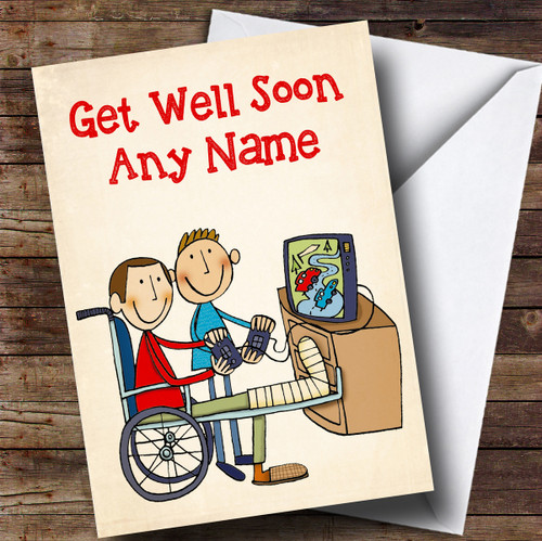 Personalized Broken Leg Get Well Soon Card - Red Heart Print