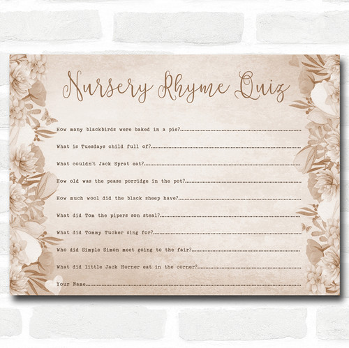 Floral Baby Shower Games Nursery Rhyme Quiz Cards - Red Heart Print