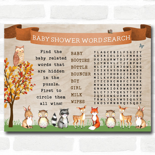 Woodland Animal Neutral Baby Shower Games Word Search Cards - Red Heart ...