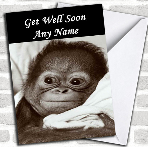 Poorly Monkey Personalized Get Well Soon Card - Red Heart Print