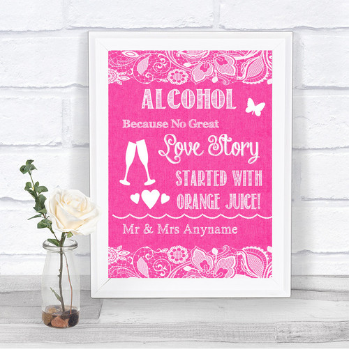 Bright Pink Burlap & Lace Alcohol Bar Love Story Personalized Wedding ...