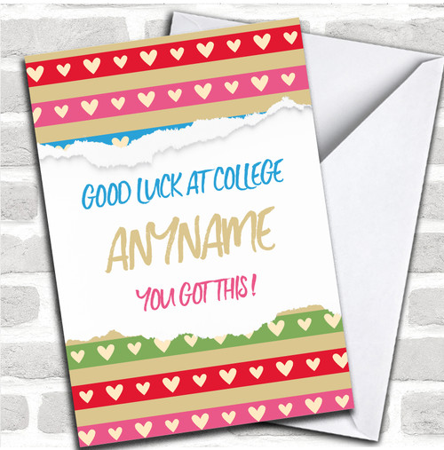 Pattern Ripped Style College Good Luck Personalized Card - Red Heart Print