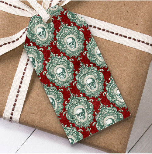 Gothic Skulls Red Christmas Gift Tags - Red Heart Print