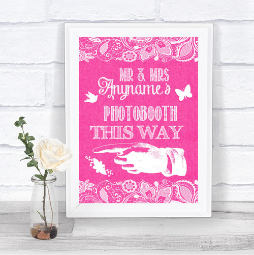 Bright Pink Burlap & Lace Photobooth This Way Left Personalized Wedding ...