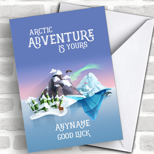 Arctic Adventure Good Luck Personalized Good Luck Card - Red Heart Print