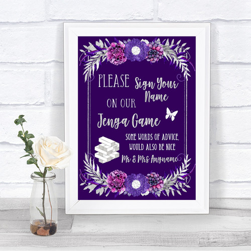 Purple & Silver Jenga Guest Book Personalized Wedding Sign - Red Heart ...