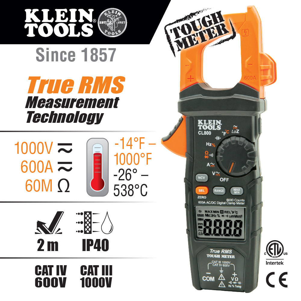 Klein Tools KLE-CL800 Digital Clamp Meter AC Auto-Range TRMS Low ...