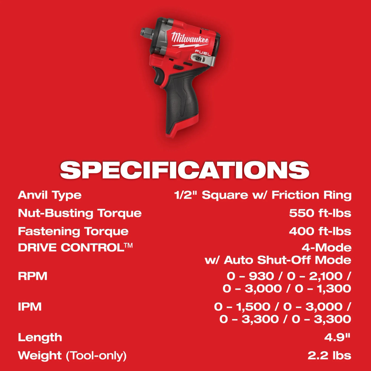 Milwaukee MIL-2563-20 M12 FUEL 1/2in Stubby Impact Wrench Bare Tool ...