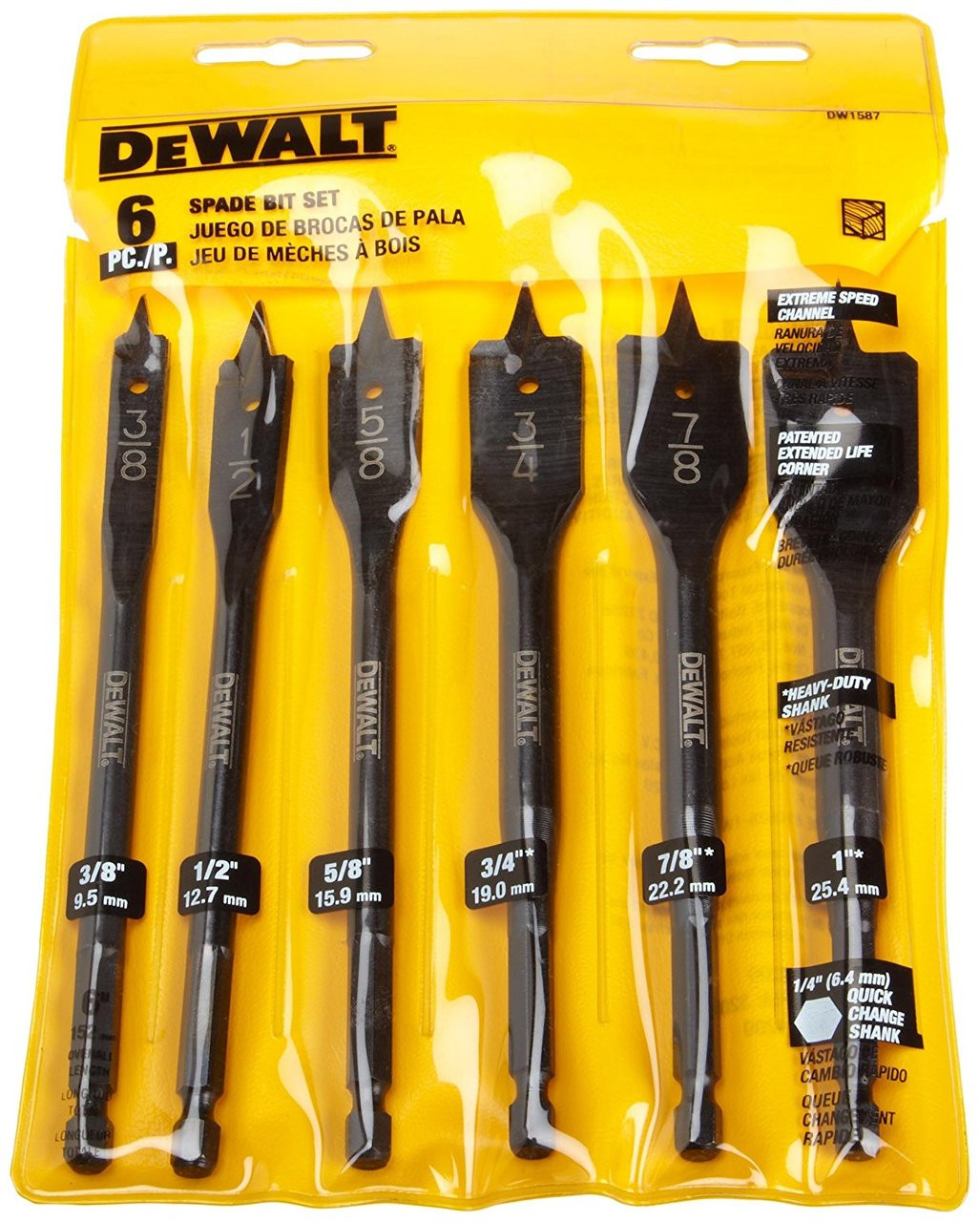 DEWALT DEW-DW1587 6 Bit 3/8 in to 1 in Spade Drill Bit Assortment ...