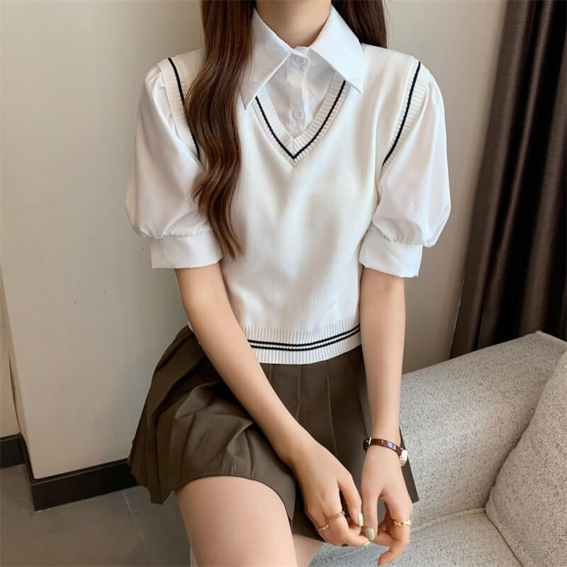 Preppy Fake Shirt Sweater - Cosmique Studio